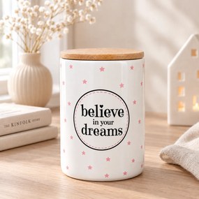 Robustní keramická dóza Believe s bambusovým víčkem 19 cm