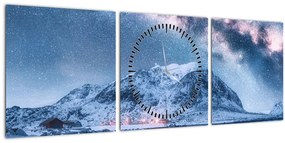 Obraz hor s hvězdnou oblohou (s hodinami) (90x30 cm)