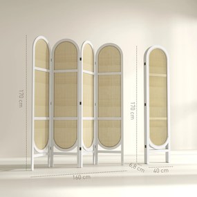 HOMCOM Dřevěná Příčka do Interiéru 4 Panely 170 x 160 cm, Skládací a Přenosná, Ručně Tkaný Vzor, Oddělovací Příčka pro Obývací Pokoj a Ložnici, Bílá