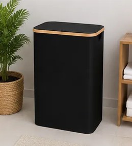 koš na prádlo, objem 60 l, s víkem, oxford/bambus, 66x41x22 cm, černá/přírodní, Dekorino KP20260010