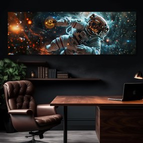 Obraz na plátně - Bitcoin, Astronaut štosuje ve vesmíru FeelHappy.cz Velikost obrazu: 210 x 70 cm