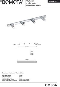 Bemeta Design OMEGA: Věšák, se 4 háčky - 104606102