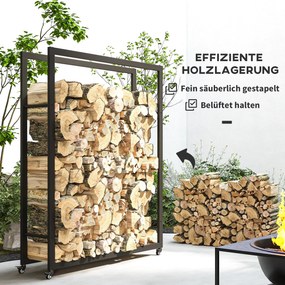 Krbové dřevo Outsunny 120 x 32 x 151 cm s kolečky, úložiště dřeva pro vnitřní a venkovní použití, kovové, černé