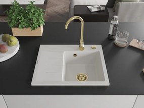 Mexen Ben, 1-komorový granitový dřez 600x500x190 mm, pravý + zlatý sifon, bílá, 6523605000-20-G