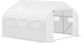 Zelená tunelová skleník Outsunny 3,5x3x2 m s 6 okny a PE polyethylenovým potahem 140 g/m² pro rostliny, květiny a zeleninu ve bílém patiu | Aosom