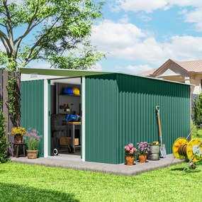 Outsunny Kovový zahradní domek se šikmou střechou a zamykatelnými dvojitými dveřmi 2,8 x 3,45 x 2,01 m, zelený