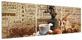 Obraz kávy, mlýnku a croissantů (150x50 cm)