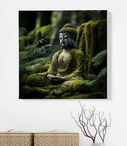 Obraz na plátně - Mechová buddhova socha v lese FeelHappy.cz Velikost obrazu: 80 x 80 cm