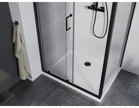Mexen Apia rozsouvací sprchový kout 90 x 70 cm, Průhledné, Černá + sprchová vanička Flat, Bílá- 840-090-070-70-00-4010B