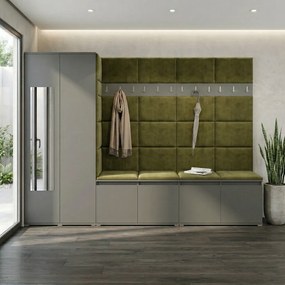 Předsíňová stěna Trinity 9 s čalouněnými panely, 290 cm, grafit/ olivová