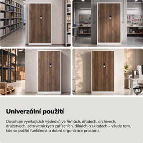 Kovová kancelářská skříň se zámkem na kód bílá, ořech, 900x1850x400 mm: DANIEL Eco Design