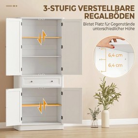 HOMCOM 186,4 cm vysoká kuchyňská skříň se čtyřmi dvířky, zásuvkou a nastavitelnými policemi, bílá – 80 x 39,5 x 186,4 cm