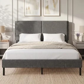 HOMCOM postelový rám 140 x 190 cm s lamelovým roštem a nastavitelným čelem, čalouněná manželská postel s lněným potahem, úložný prostor pod ní, šedá