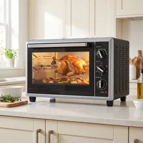 HOMCOM 46 L mini trouba s otočným špízem, ventilátorem, regulací teploty a časovačem, 1800 W, černá