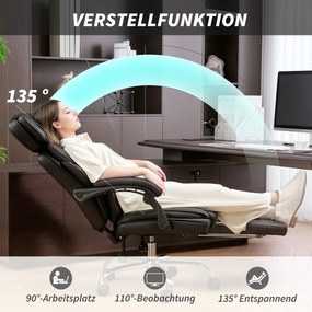 HOMCOM Kancelářská židle ergonomická, výškově nastavitelná, otočná s opěrkou bederní páteře, opěrkami rukou, opěrkou nohou, PU kůže, černá