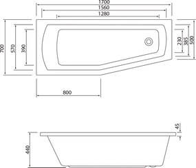 Aqualine Opava C1770 asymetrická vana 170 x 70 cm akrylátová levá