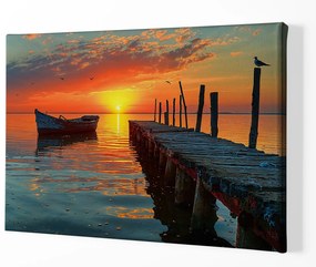 Obraz na plátně - Staré molo s loďkou při západu slunce FeelHappy.cz Velikost obrazu: 210 x 140 cm