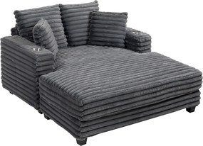 HOMCOM rozkládací pohovka pro 2 s chaise, šedý kordurový potah, polštářky, držáky na nápoje — 134 × 151 × 89 cm | Aosom