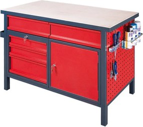 Dílenský pracovní stůl GD, 5 zásuvek, smrk + oboustranně dýhovaná smrková překližka, 5 zásuvek, 1 skříňka, 1190 x 600 x 850 mm, grafit / červená