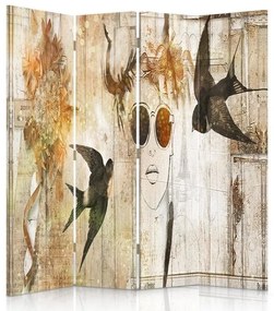 Ozdobný paraván Žena Ptáci Vintage - 145x170 cm, čtyřdílný, obustranný paraván 360°