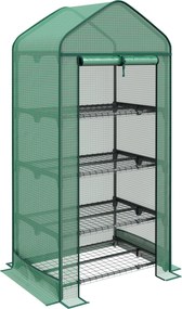 Outsunny skleník na rostliny s 4 policemi a roll-up dveřmi, malý kovový a PE skleník, 69x49x158 cm, tmavě zelený