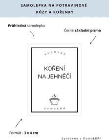 Samolepka na kořenky KOŘENÍ NA JEHNĚČÍ průhledná 3 × 4 cm základní písmo