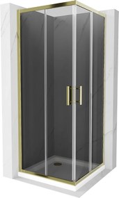 Mexen Rio, čtvercový sprchový kout s posuvnými dveřmi 70 (dveře) x 70 (dveře) x 190 cm, 5mm šedé sklo, zlatý profil + bílá sprchová vanička SLIM, 860-070-070-50-40-4010G