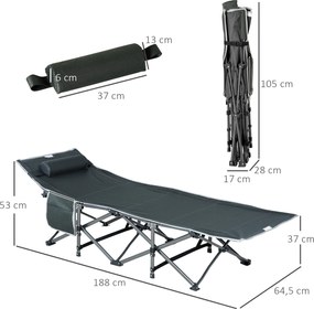 Kempingová postel, skládací kempingová postel s polštářem, 188 x 64,5 x 53 cm, šedá