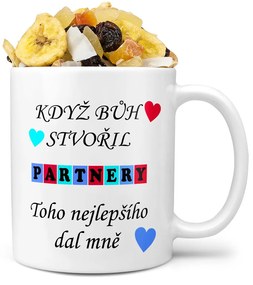 Hrnek Když bůh stvořil partnery (Náplň hrníčku: Tropická směs)