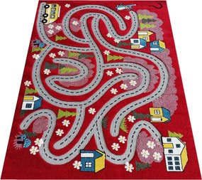DY Červený dětský koberec s motivem města Color Kids 02 Rozměr: 100x150 cm