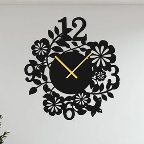 dřevo života Nástěnné hodiny FLOWERS Zvolte barvu dekoru: Černá, Zvolte velikost hodin (cm): 50x50, Barva ručiček: Zlaté