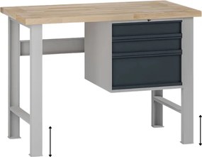 Výškově nastavitelný dílenský stůl G7, buková spárovka, 1200 x 685 x 840-1040 mm, 1x kontejner, 3 zásuvky, grafit