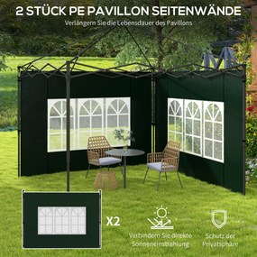 Outsunny Boční Zdi pro Altán 3x3 m a 3x6 m - Sada 2 Stěn s Okny 293x193 cm Tmavě Zelená