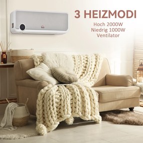 HOMCOM Topný ventilátor na stěnu 2000W s dálkovým ovládáním, 3 režimy provozu, LED displej, 12hodinový časovač 820-252V90