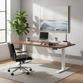 Výškově nastavitelný stůl OfficeTech D, 180 x 80 cm, bílá podnož, ořech