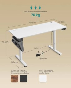 Elektrický výškově nastavitelný pracovní stůl 140×60 cm bílý