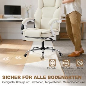 HOMCOM ergonomická kancelářská židle — sklopné opěradlo, nastavitelná výška, podnožka, 360° otočná, taštičkové pružiny, ekokůže, béžová