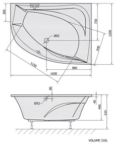 Polysan TANYA R asymetrická vana 160x120x49 cm, bílá, 66119