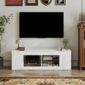 HOMCOM 140 cm TV stojan, televizní komoda, 6 přihrádek, 2 skleněné police, dřevotříska, bílá