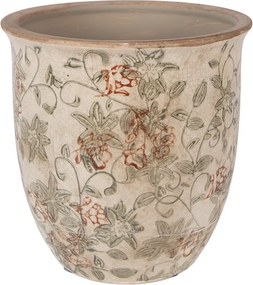 Béžový keramický obal na květináč s květy Margaus L - Ø 17*17 cm