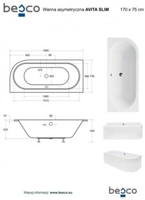 BESCO Asymetrická vana AVITA SLIM Nožičky k vaně - S nožičkami, Rozměr vany - 150 × 75 cm, Způsob provedení - Levé - VANAVIT150SLIML+OLVPINOZ