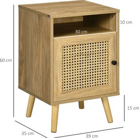 HOMCOM Noční stolek, Malý dřevěný noční stolek, Boho styl, se skříňkou a otevřenou policí, do ložnice, obývacího pokoje, 39x35x60 cm, Dřevěná barva