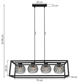 Závěsné svítidlo CRYSTAL CAGE, 4x černé křišťálové stínítko v kovovém rámu