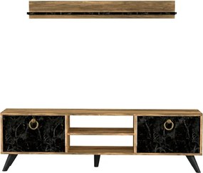 TV stolek ZEN 160 cm s nástěnnou policí, dekor ořech/černý mramor