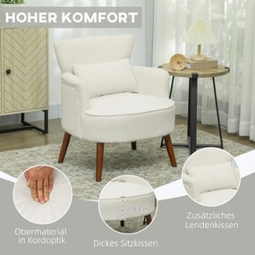 HOMCOM Křeslo s opěradlem, zaoblené područky, čalouněné lounge křeslo se vzhledem kabelu, dřevěné nohy, do ložnice, obývacího pokoje, do 120 kg, krém…