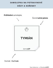 Samolepka na kořenky TYMIÁN průhledná 5 × 5 cm tučné písmo