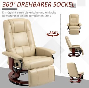 HOMCOM polohovací křeslo TV křeslo s funkcí polohování, podnožka, otočné TV křeslo 360°, dřevěné nohy, do obývacího pokoje, imitace kůže, krémově bíl…