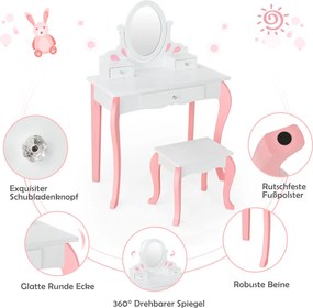 Costway Dětský toaletní stolek se stoličkou Princess se 3 zásuvkami a zrcadlem
