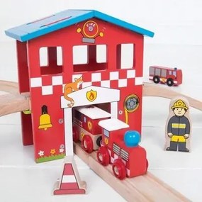 Bigjigs Rail Dřevěná vláčkodráha hasičská stanice / 39 dílů / od 3 let