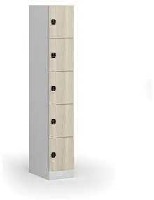 Šatní skříňka s úložnými boxy, 5 boxů, 1850 x 300 x 500 mm, kódový zámek, laminované dveře, dub přírodní